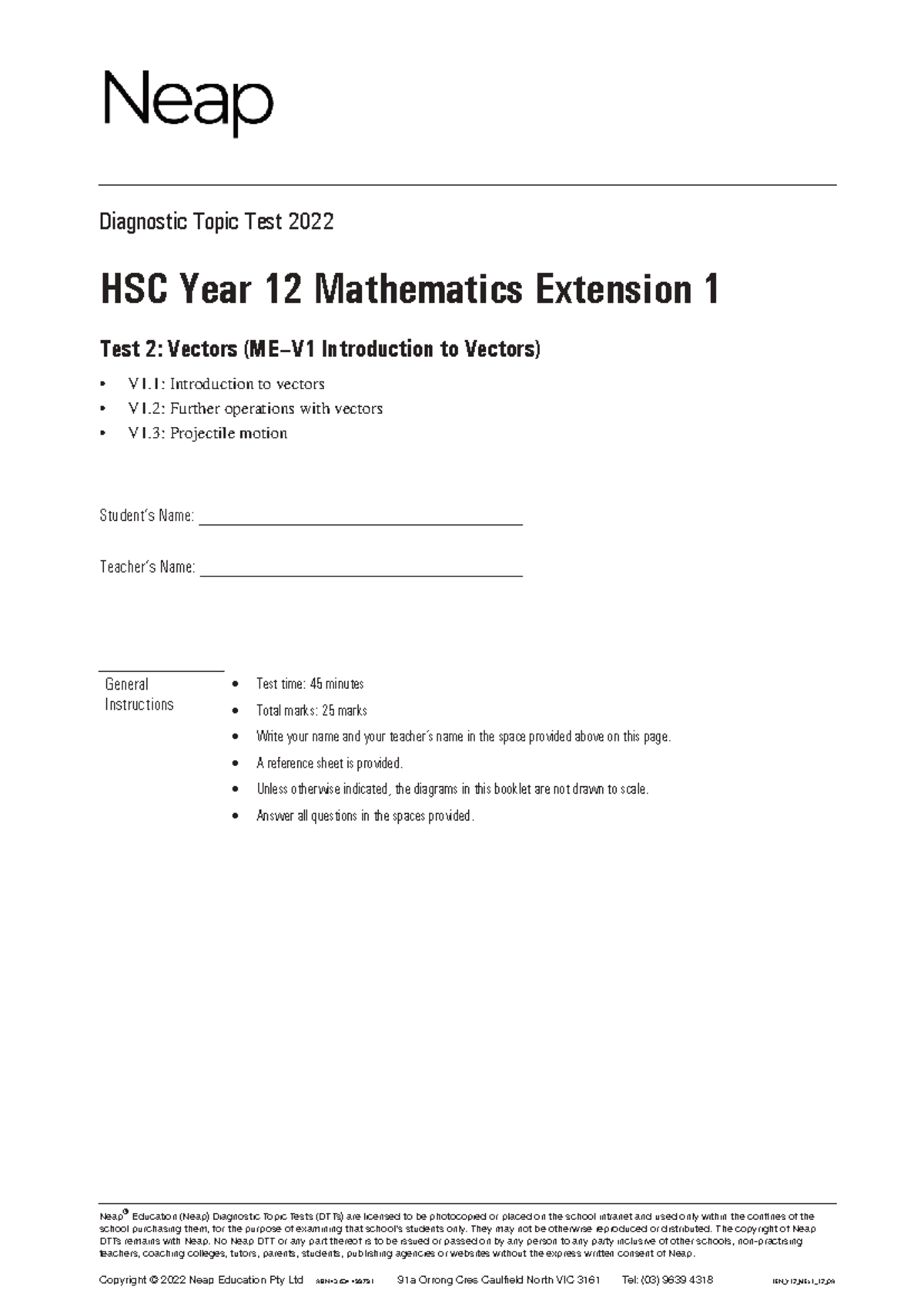 HSC Year 12 Mathematics Extension 1 Diagnostic Topic Test 2: Intro to ...
