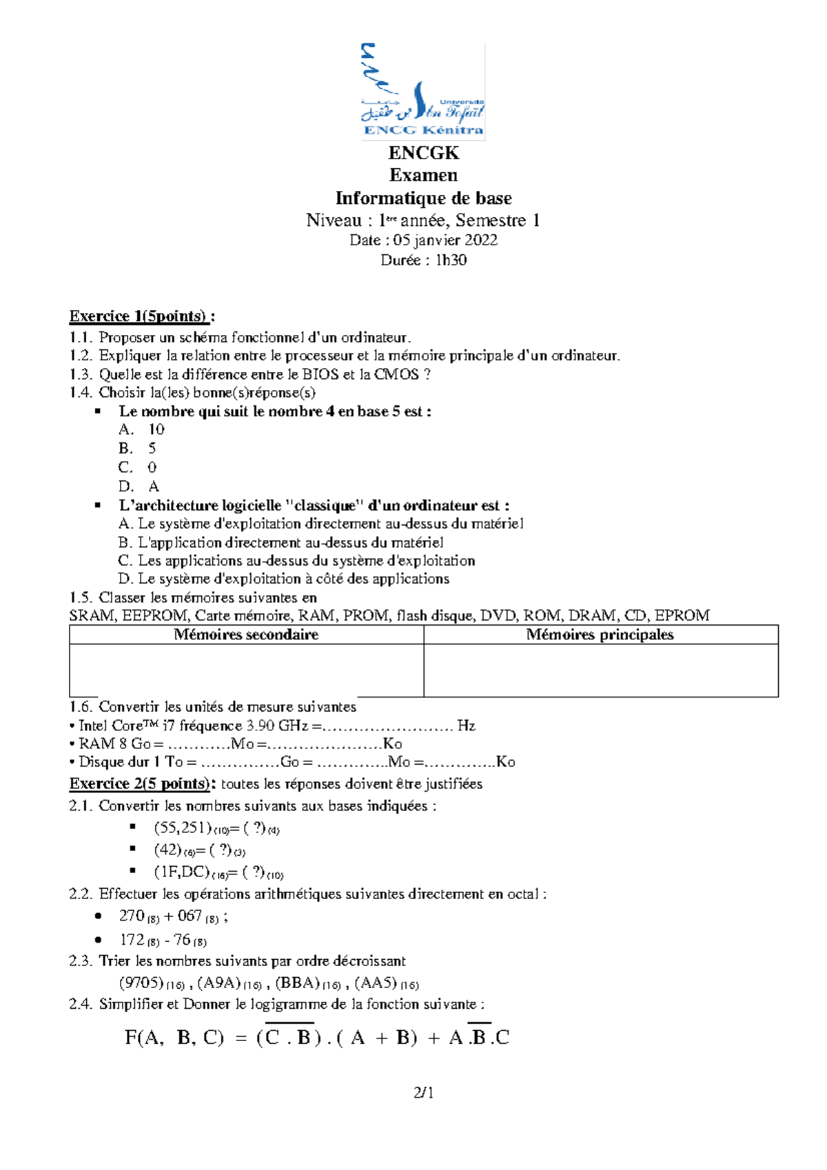 Examen S1 2022 - Informatique de Base, Niveau 1ère Année - Studocu