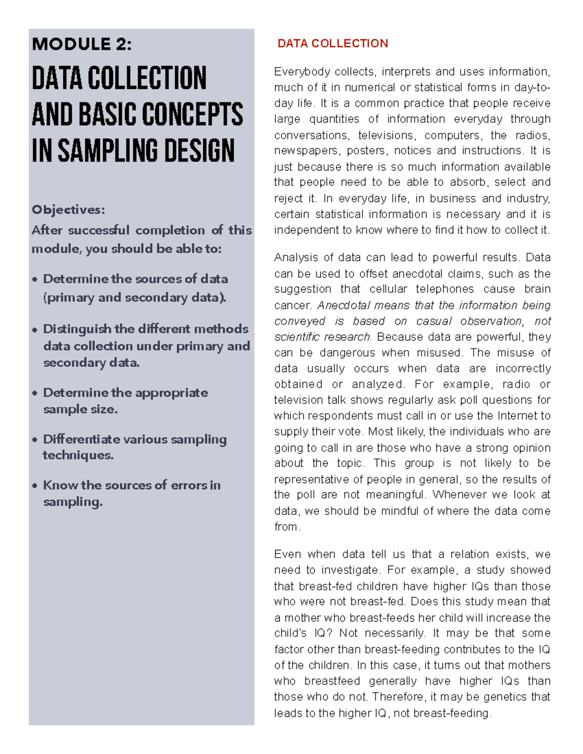 Statistical Analysis: Data Collection & Sampling Design (Module-2 ...