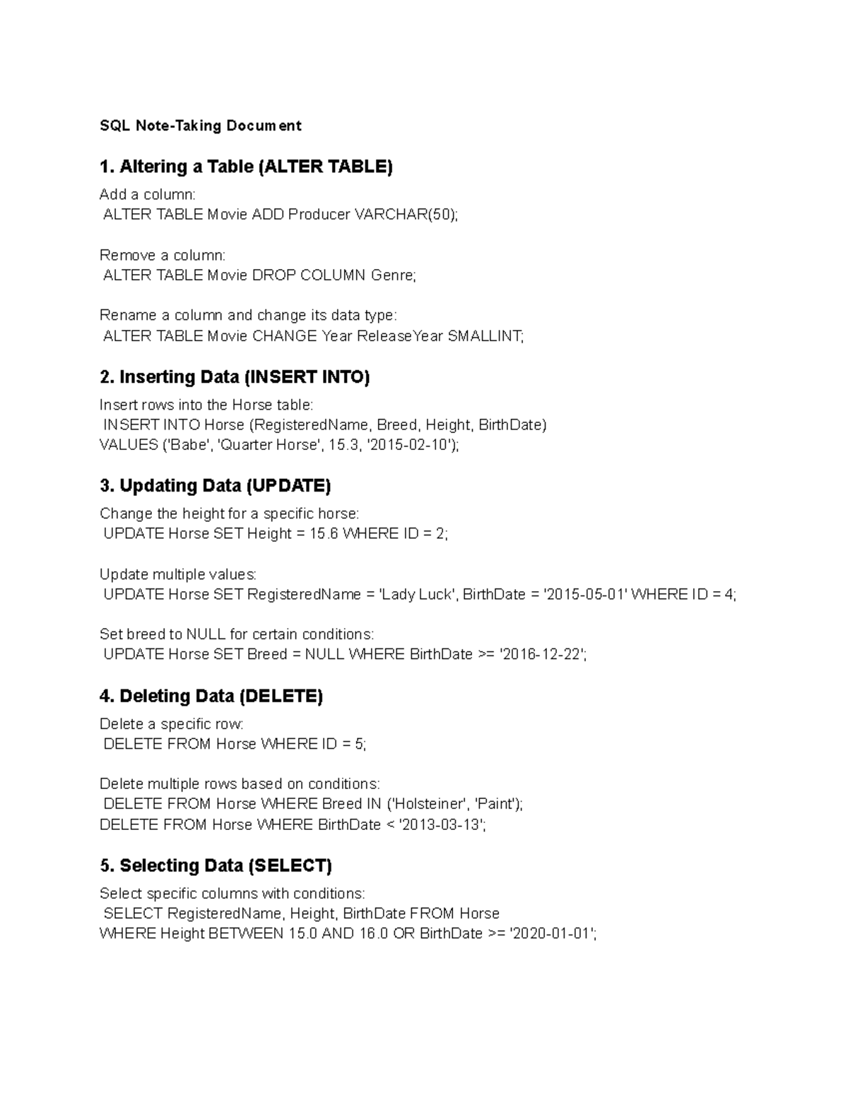 SQL Notes - SQL Note-Taking Document 1. Altering a Table (ALTER TABLE ...
