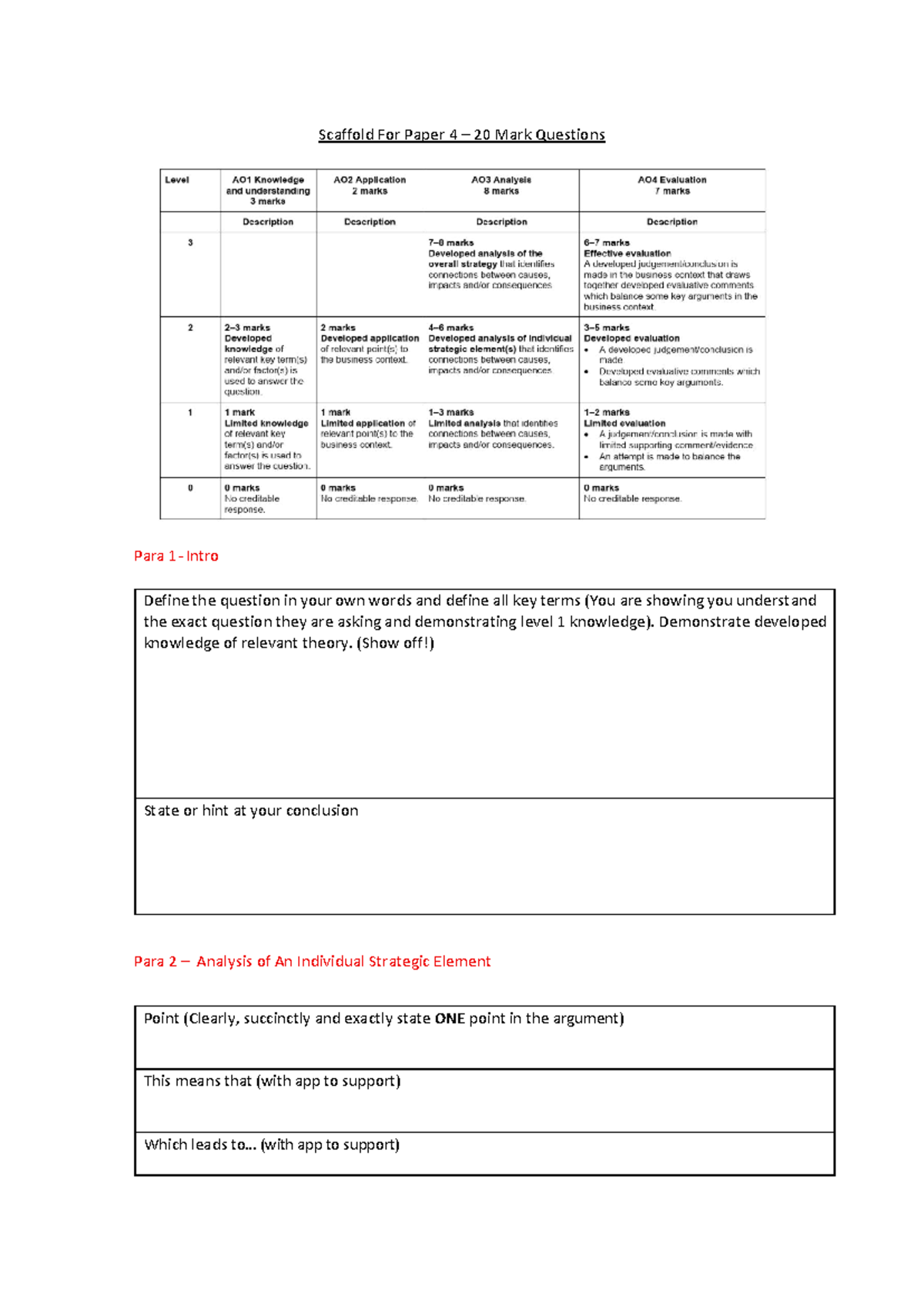 Scaffold for Paper 4: 20 Mark Questions - CIE 9609 Business - Studocu