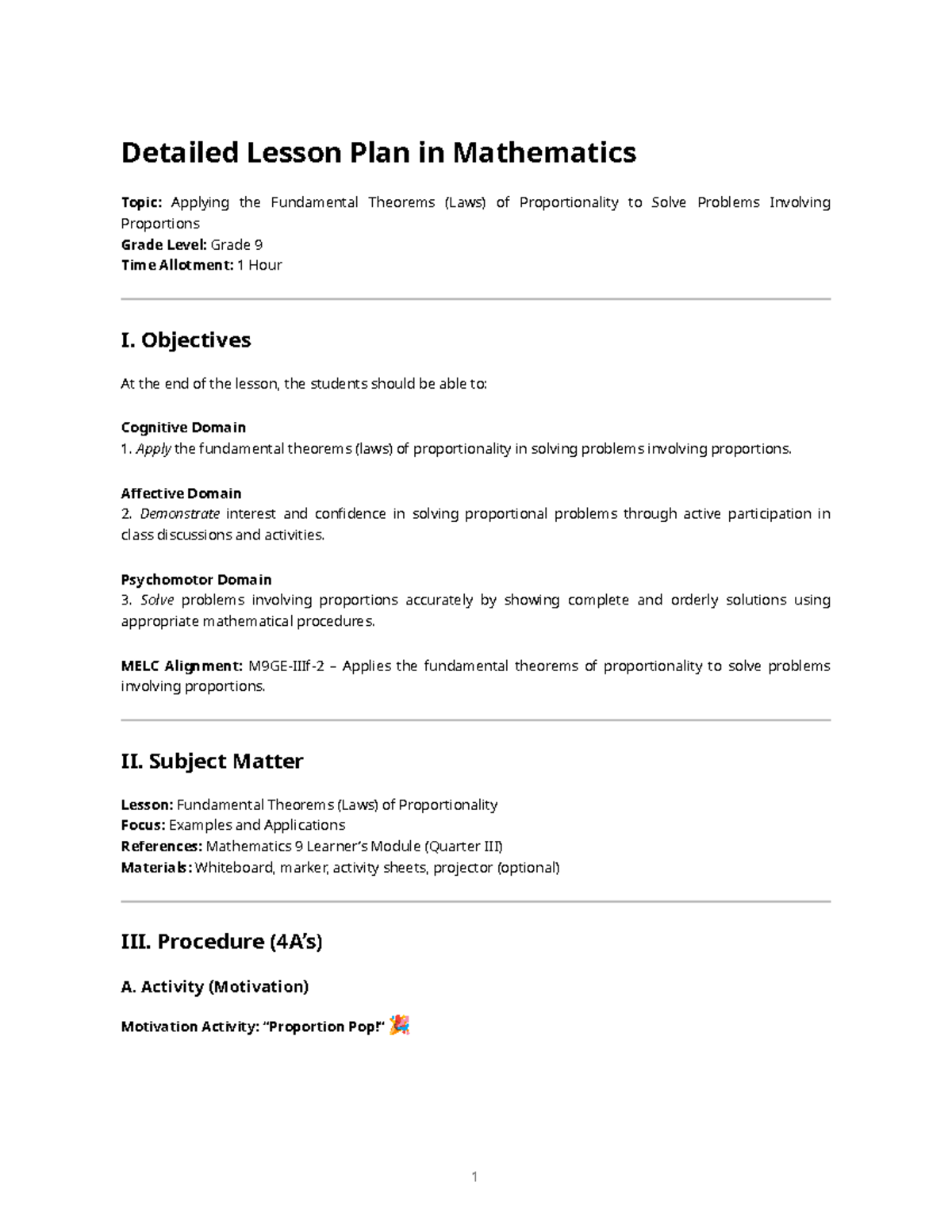 Mathematics 9 Lesson Plan: Applying Fundamental Theorems of ...