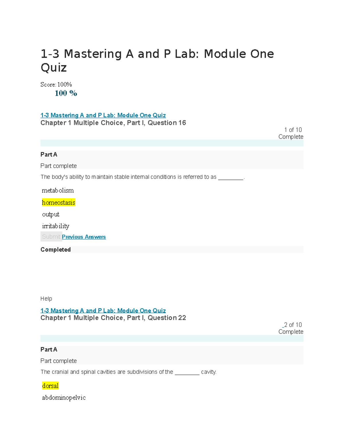 1-3 Mastering A and P Lab: Module One Quiz Answers and Review - Studocu