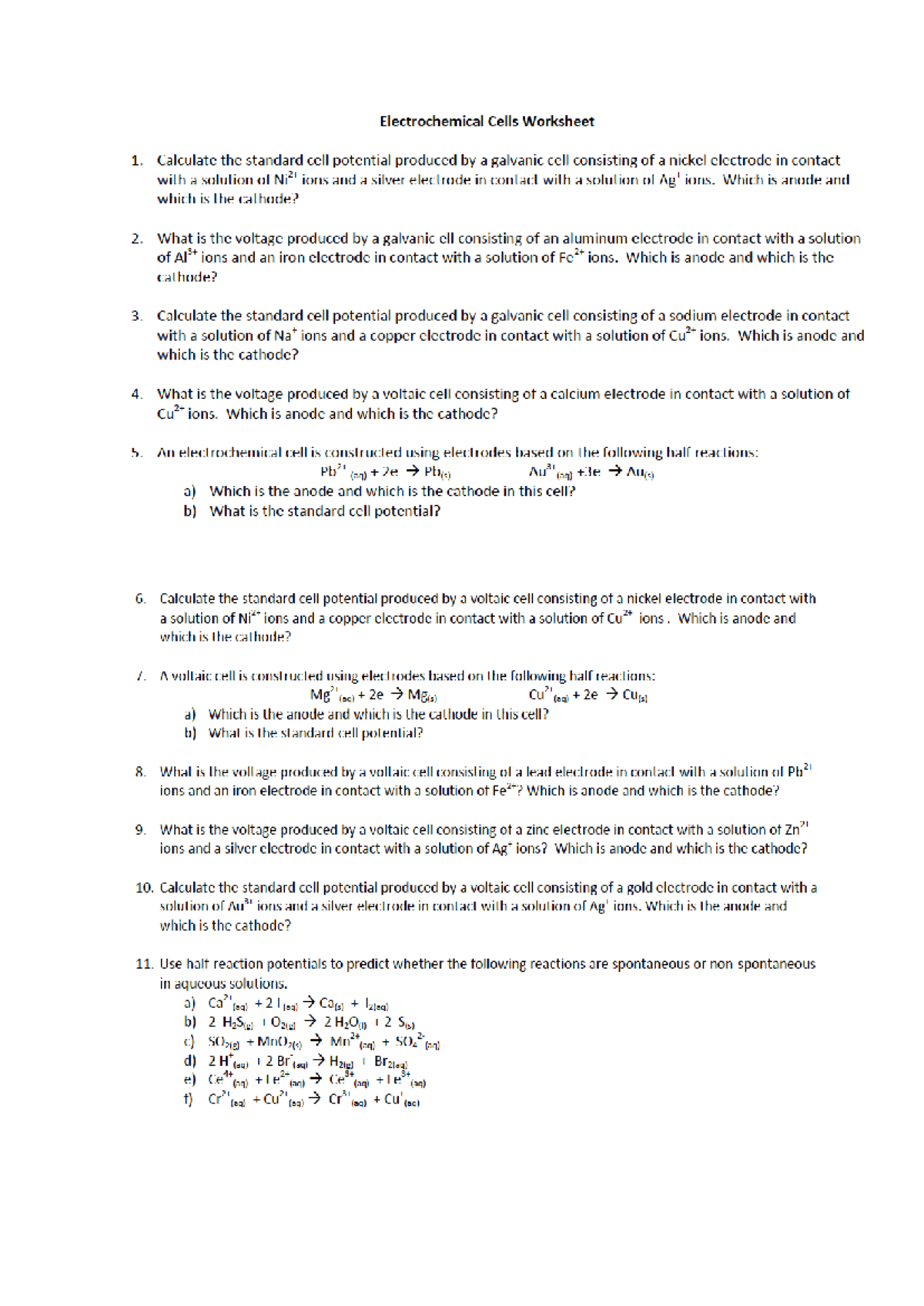 Electrochemical Cells - Worksheet and Solutions (Chem 101) - Studocu