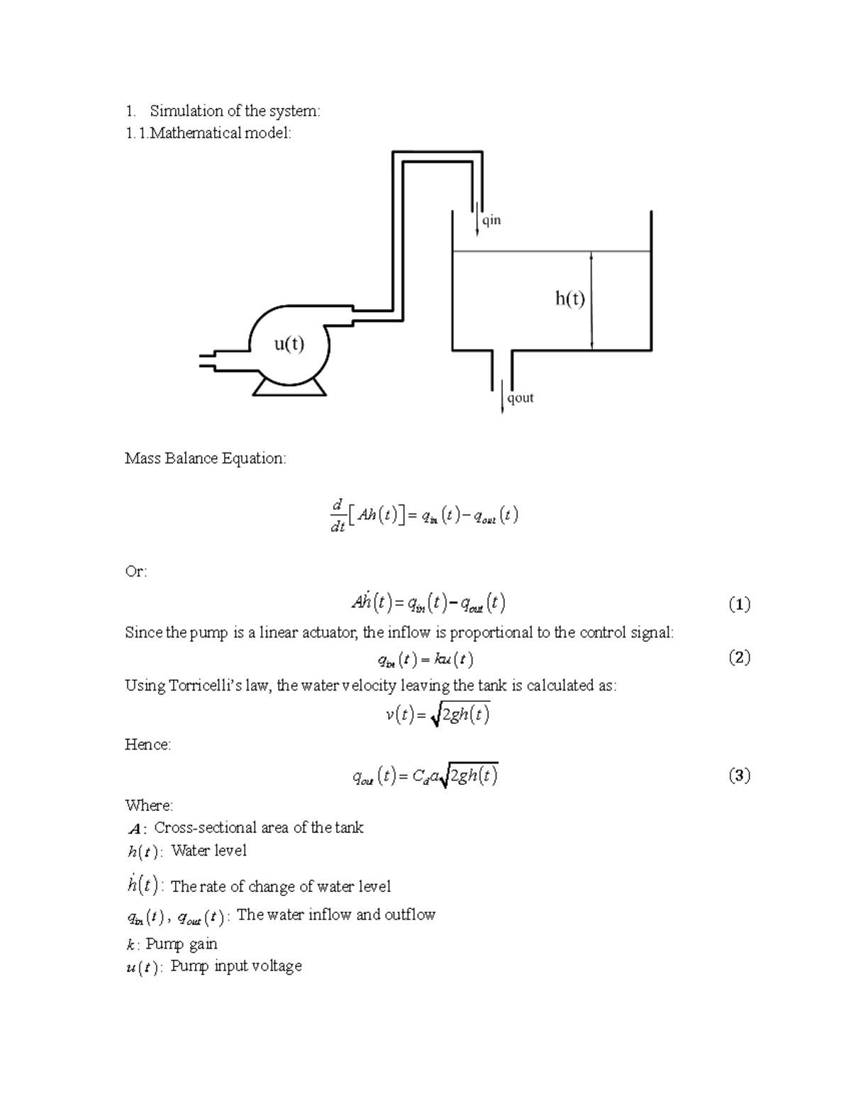 Simulation of the System: Mass Balance Equation Analysis (ENGR 101 ...