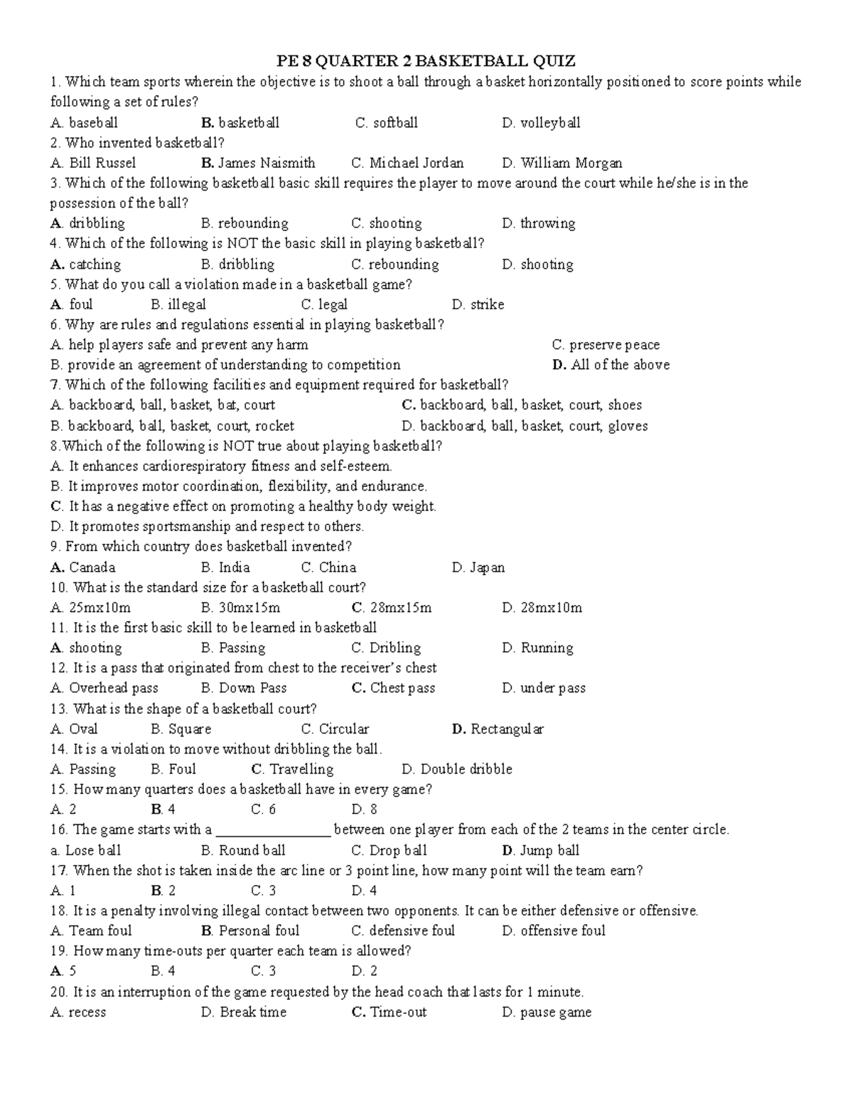 PE 8 Q2 Basketball Quiz: Essential Skills and Rules - Studocu