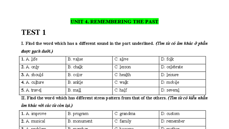 UNIT 4: REMEMBERING THE PAST TEST 1 & 2 - Studocu