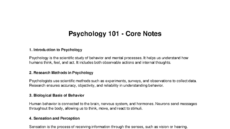 Psychology 101 Core Notes: Intro, Research, and Learning Concepts - Studocu