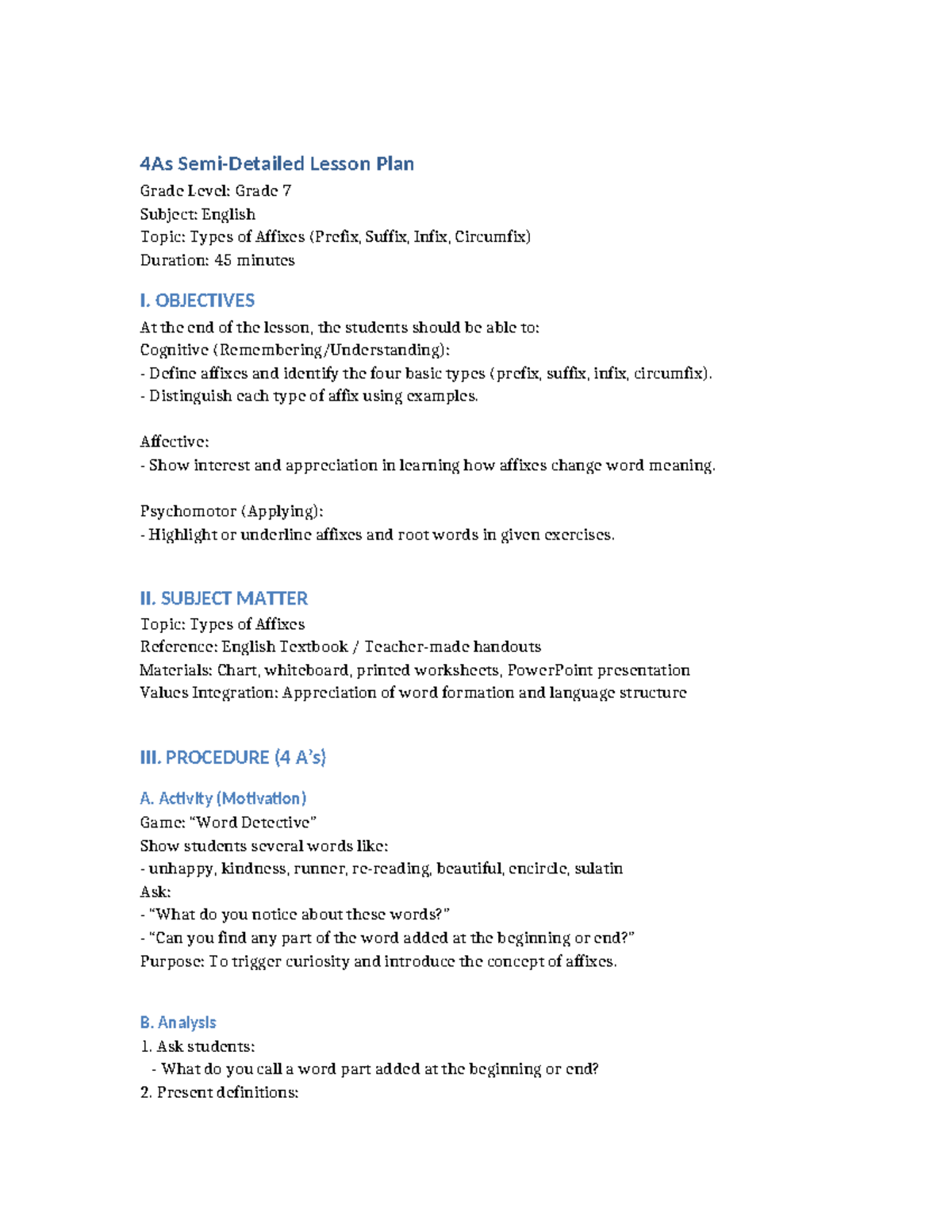 4As Lesson Plan: Types of Affixes for Grade 7 English - Studocu