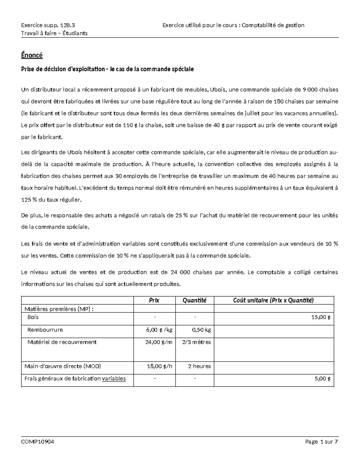 S03 COMP10904 Exercice 12B.3 Analyse de la Commande Spéciale Étudiants A2024 - Studocu