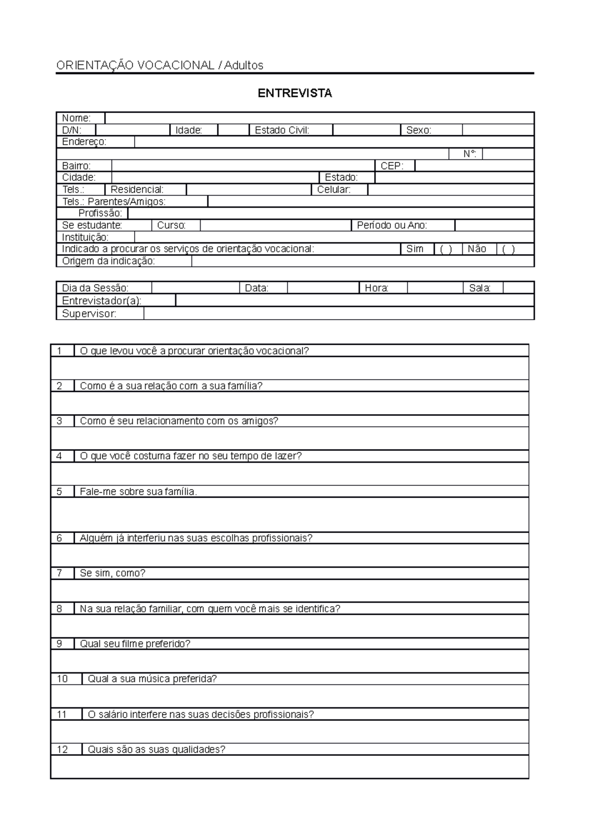 Modelo de Entrevista Vocacional para Adultos - Orientação Vocacional ...