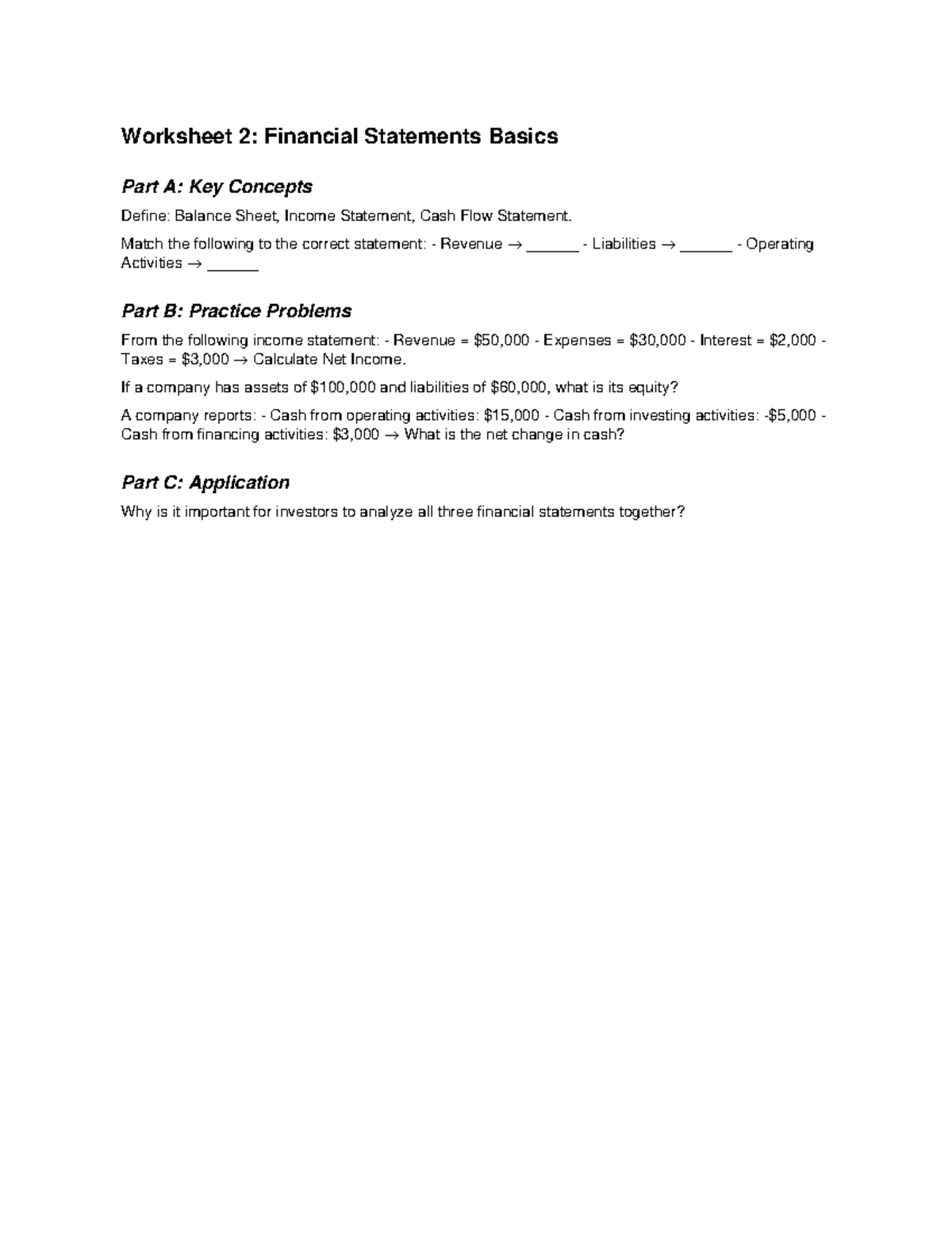 Worksheet 2 financial statements - Worksheet 2: Financial Statements ...