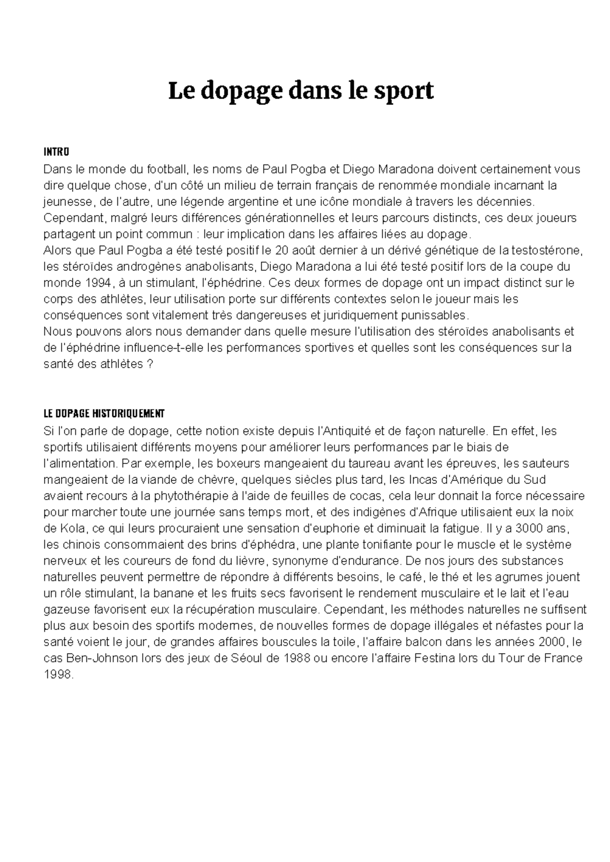 Grand oral SVT : Le dopage dans le sport et ses impacts sur la santé - Studocu