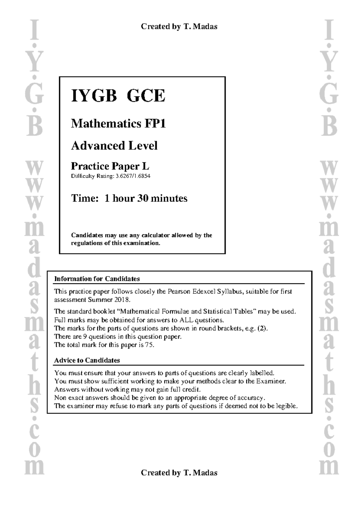 FP1 GCE Mathematics Advanced Level Practice Paper - Difficulty Rating L ...