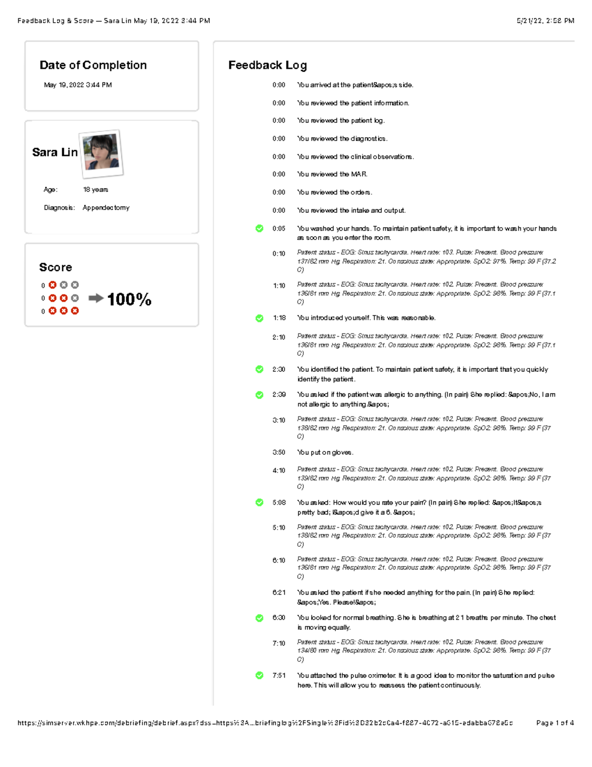 Case Study: Feedback Log & Score for Appendectomy Patient – Sara Lin ...