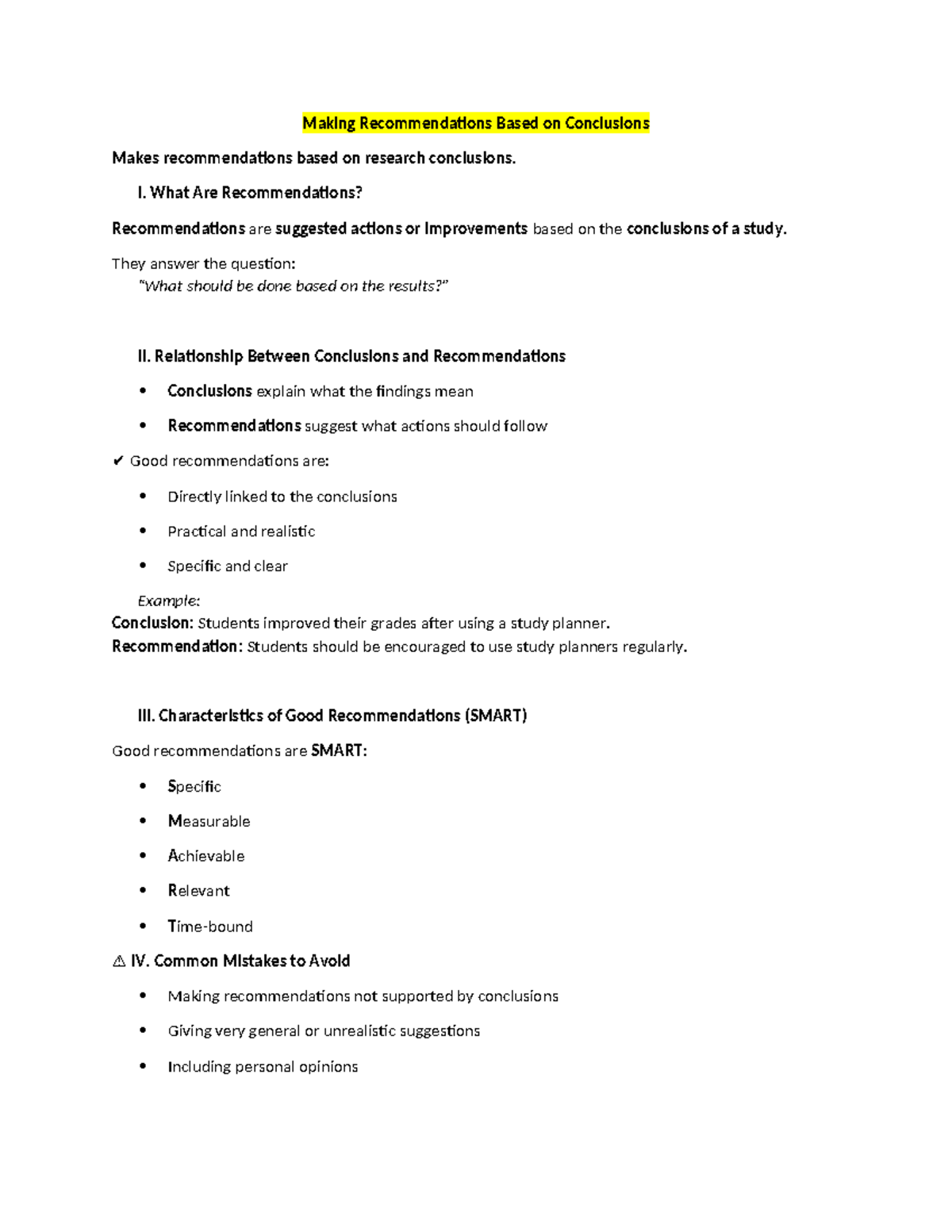 Making Recommendations Based on Research Conclusions: A Guide - Studocu