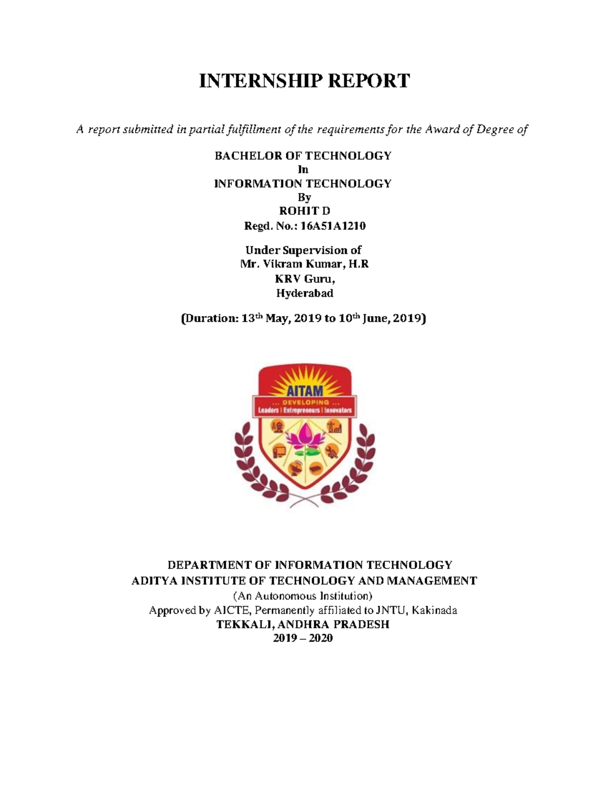 Internship Report sample 4 - INTERNSHIP REPORT A report submitted in ...