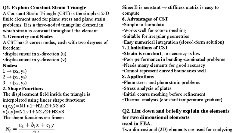 FEA Unit 03 - Constant Strain Triangle & 2D Elements Overview - Studocu