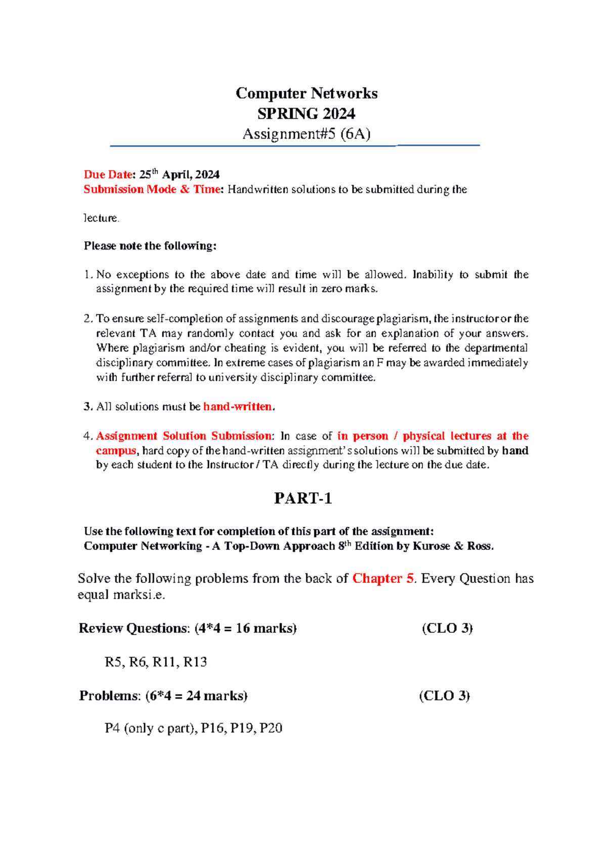 CN-Assignment#5 - Computer Networks SPRING 2024 Assignment#5 (6A) Due ...