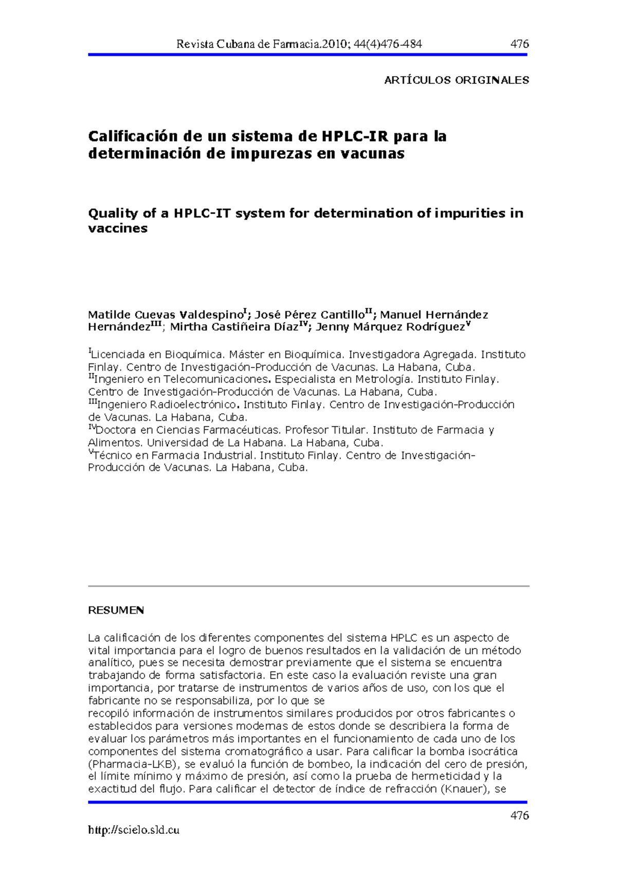 Calificación del Sistema HPLC para Determinación de Impurezas ...