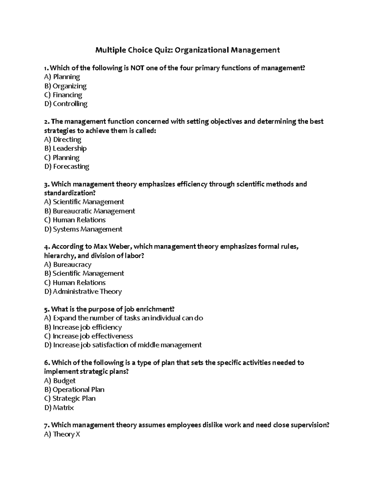 Multiple Choice Quiz: OM - Key Concepts in Organizational Management ...