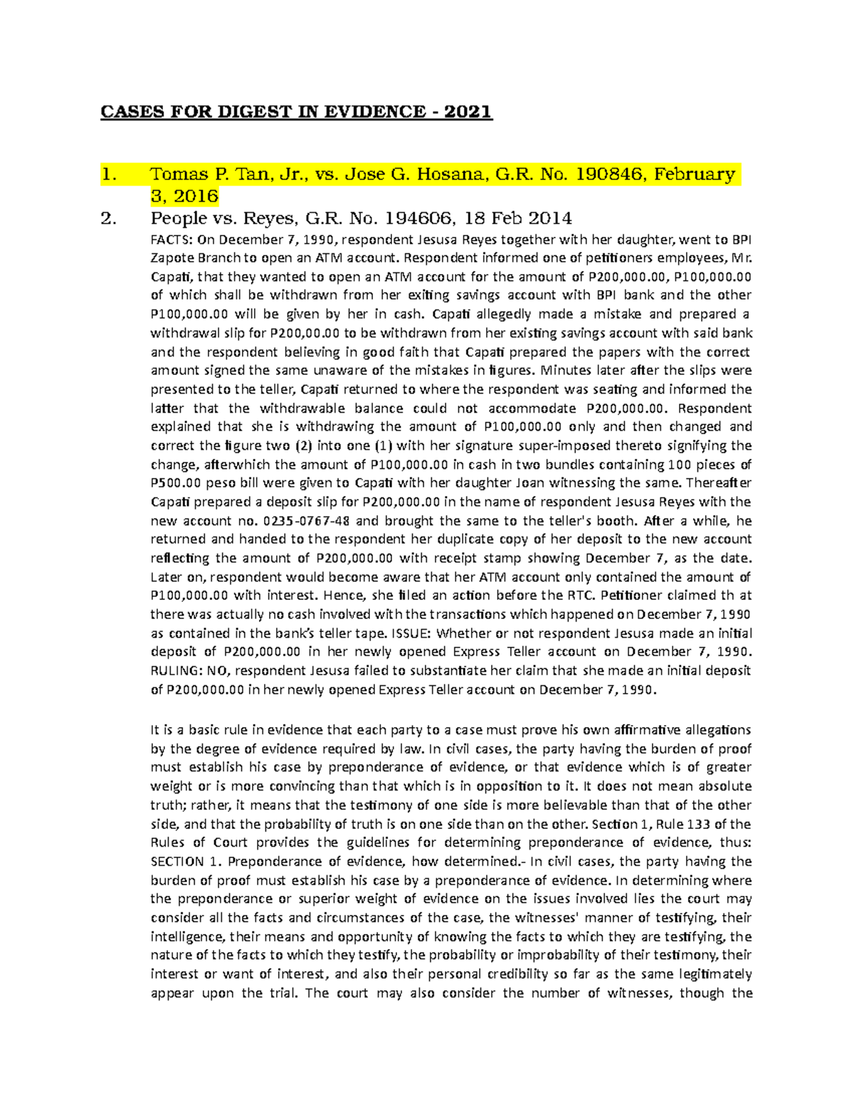 2021 Case Digest on Evidence: Key Judicial Decisions Analysis - Studocu