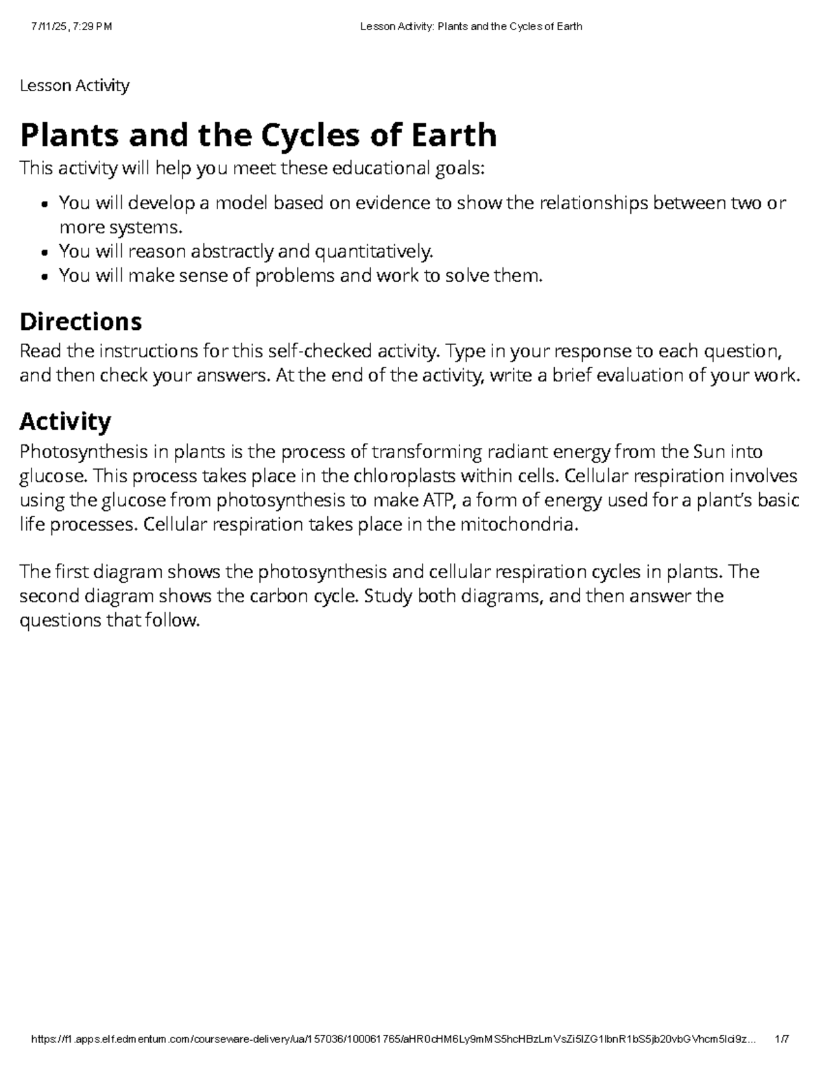 Cycles in Ecosystems Tutorial - 7:29 PM Lesson Activity: Plants and the ...