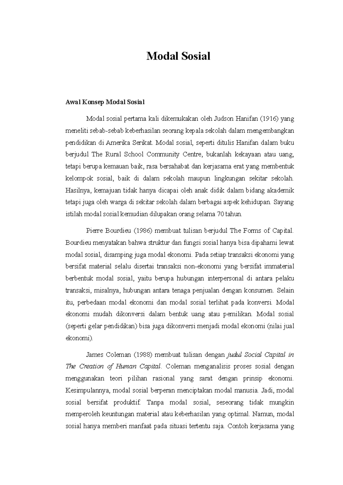 Modal Sosial: Konsep dan Definisi Menurut Para Ahli - Studocu
