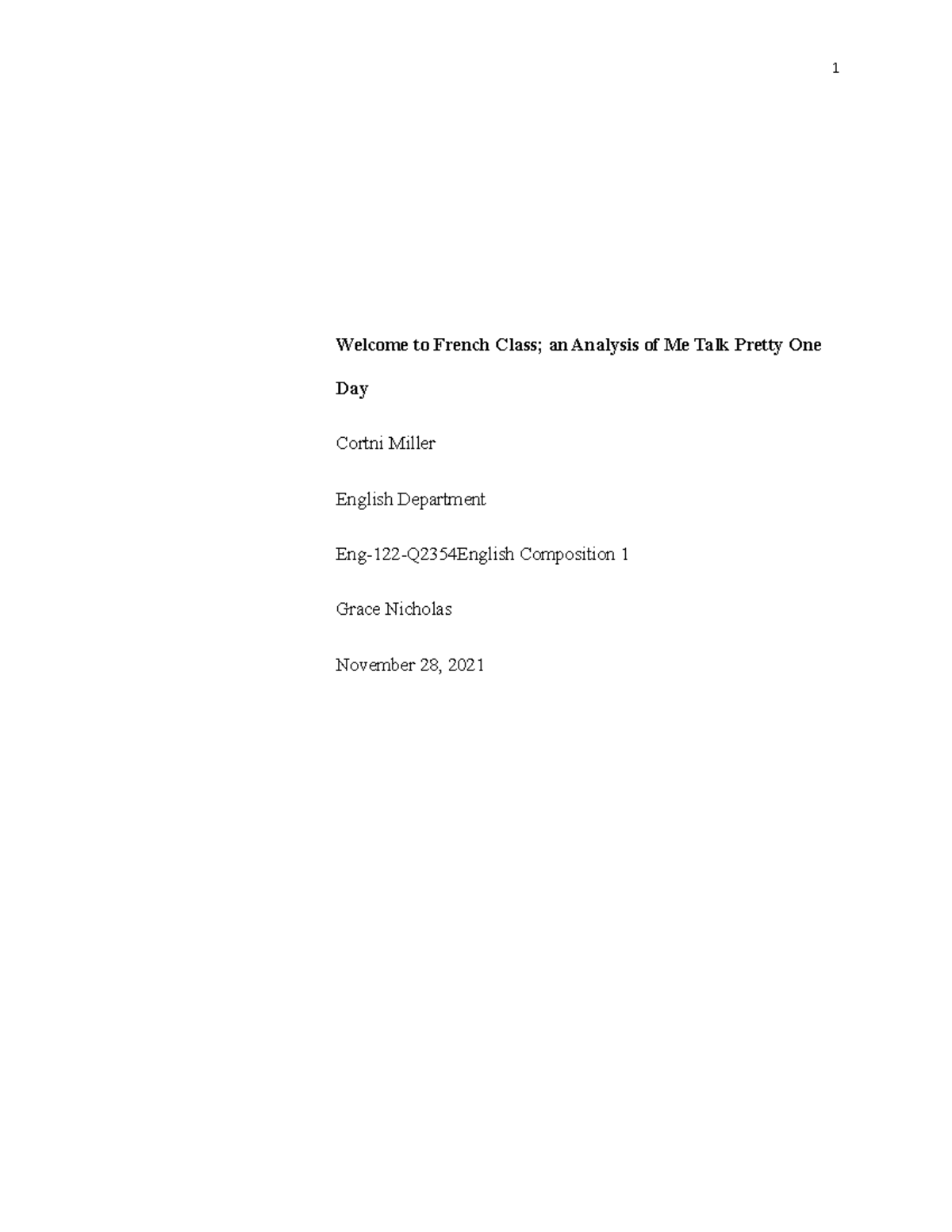 Eng-122-Q2354 Analysis of "Me Talk Pretty One Day" in French Class ...