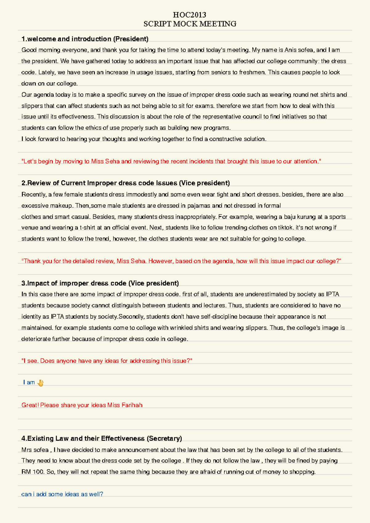 Script mockmeeting - ydghwhw - HOC SCRIPT MOCK MEETING 1 and ...