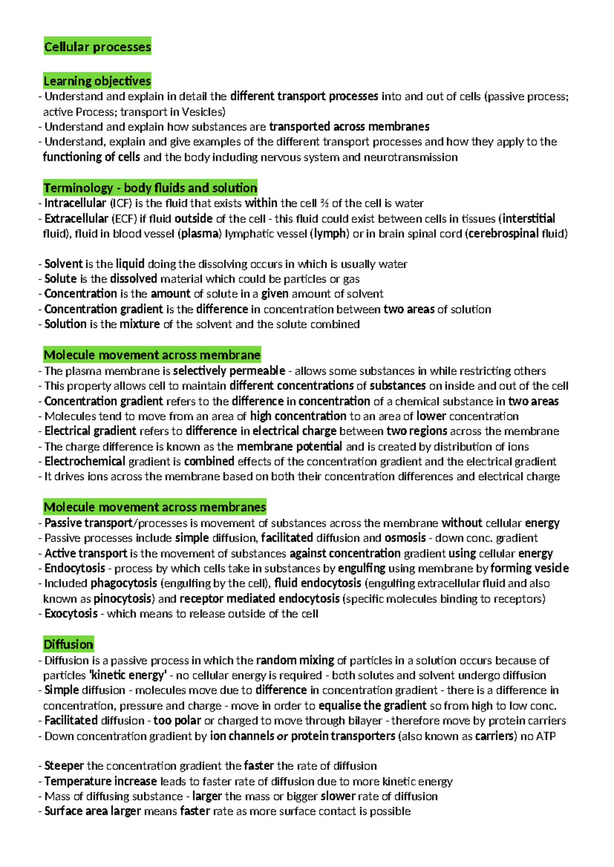 Cellular Processes: Transport Mechanisms and Membrane Dynamics - Studocu