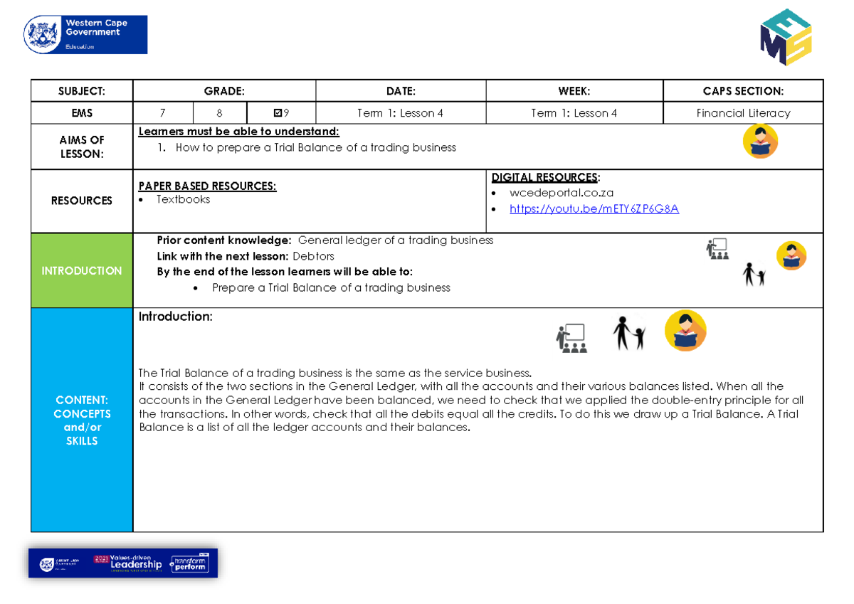 Lesson Plan Grade 9 EMS Term 1: Trial Balance Concepts - Studocu