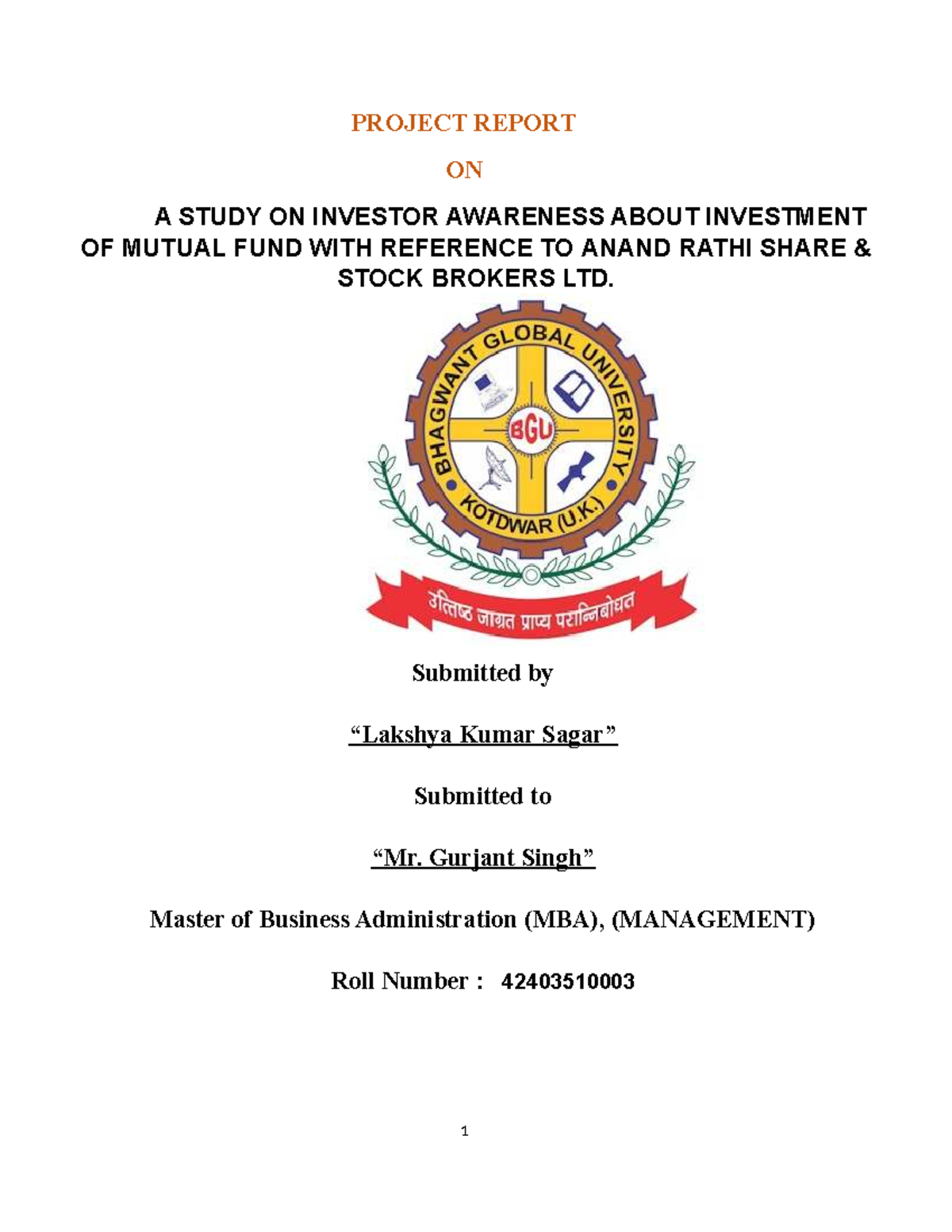 MBA Project Report: Investor Awareness on Mutual Funds - Anand Rathi ...