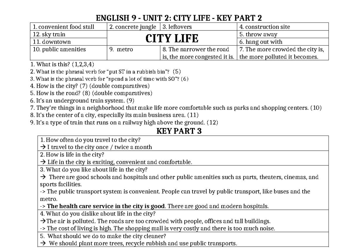 UNIT 2: CITY LIFE - Speaking Notes for ENGLISH 9 - Studocu