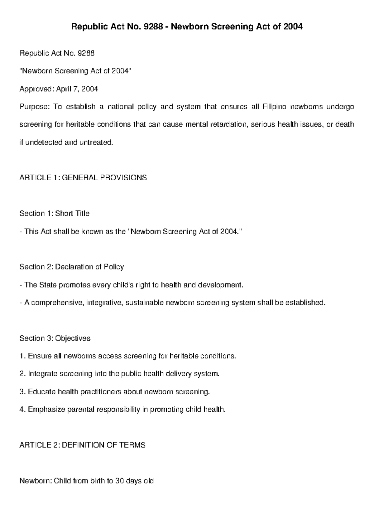 RA 9288 Newborn Screening Act Notes - Republic Act No. 9288 - Newborn ...