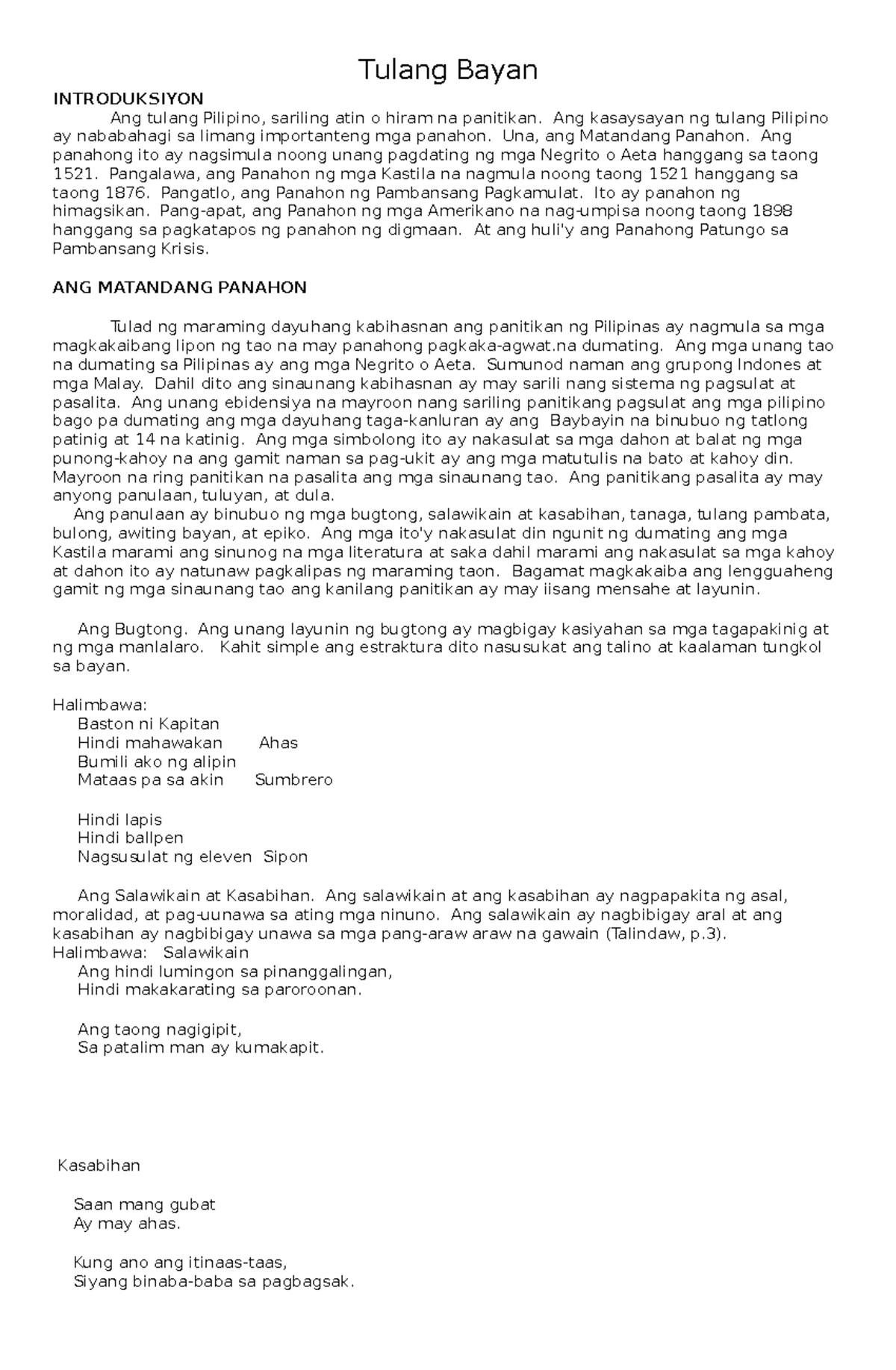 60837053 Kasaysayan ng tula - Tulang Bayan INTRODUKSIYON Ang tulang ...