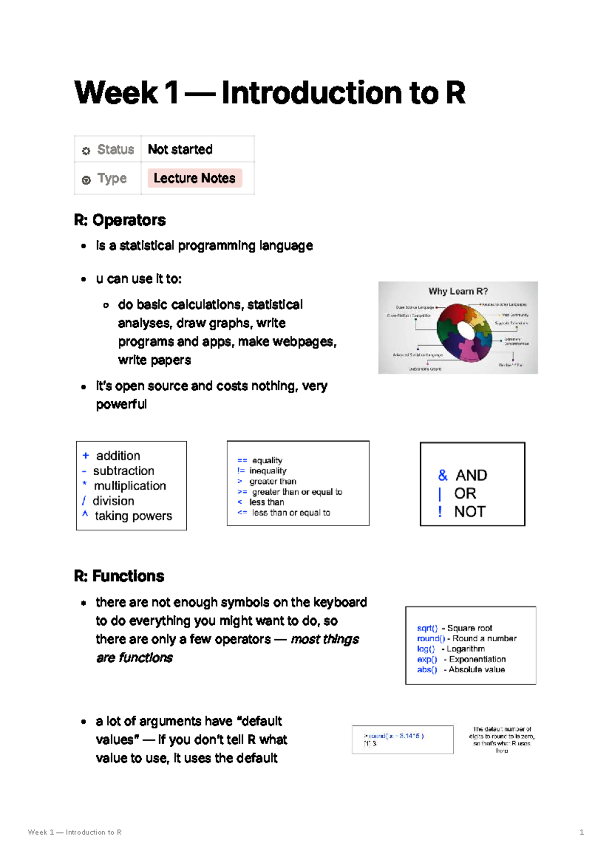 RMHI Week 1 - Intro to R Lecture Notes on Functions & Variables - Studocu