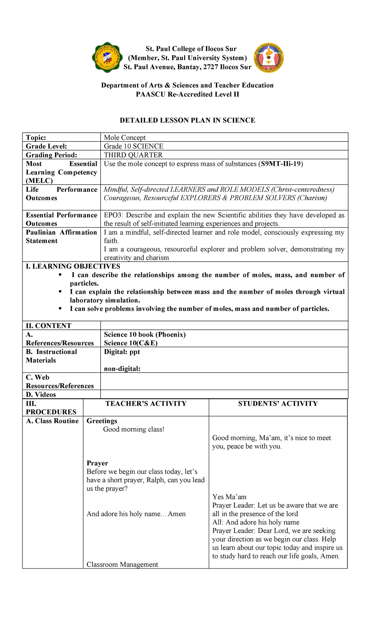 Detailed lesson plan in the relationship between Mass, Moles and number ...