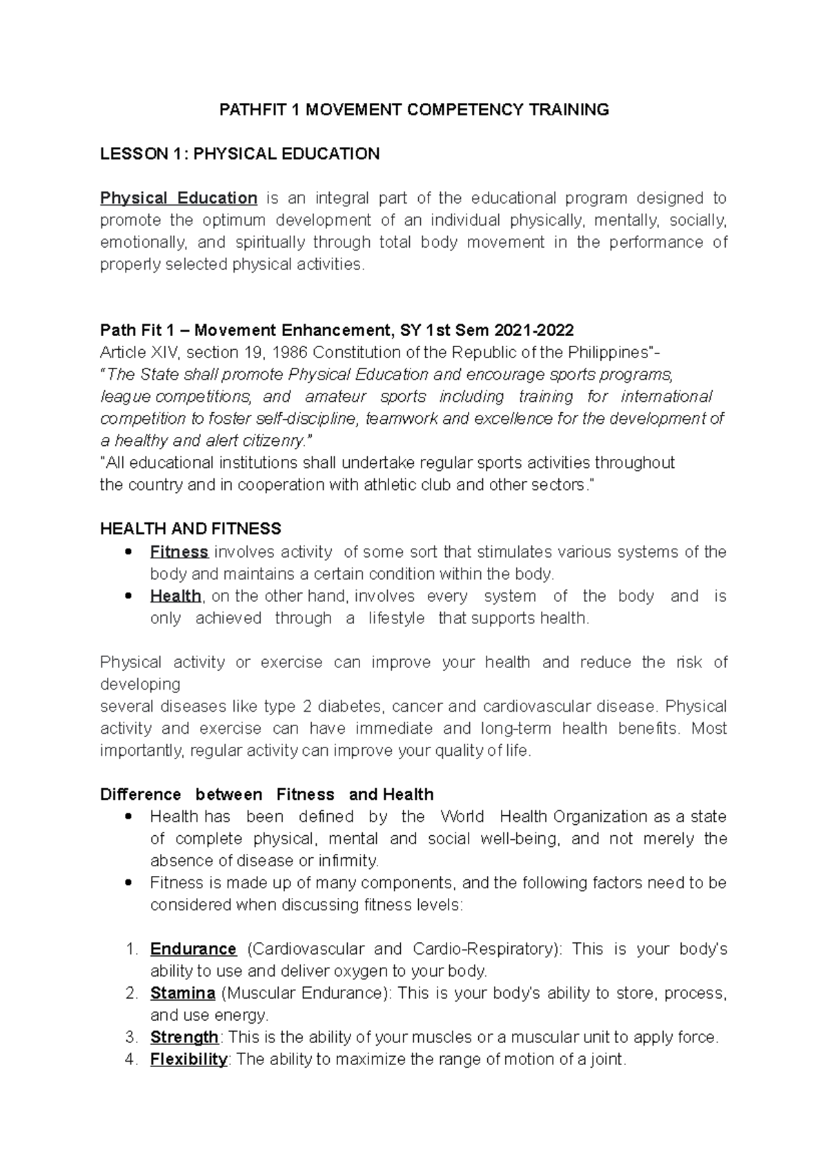 Path Fit 1 - Lesson 1: Understanding Movement & Fitness Concepts - Studocu