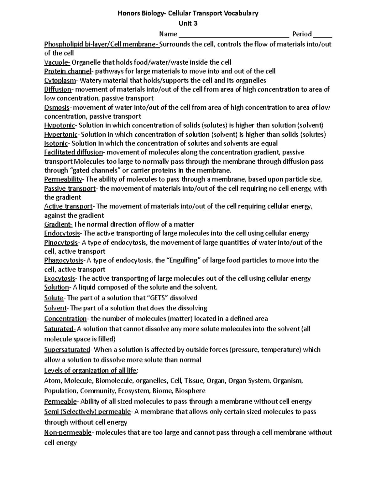 Honors Biology Unit 3: Cellular Transport Vocabulary Guide - Studocu