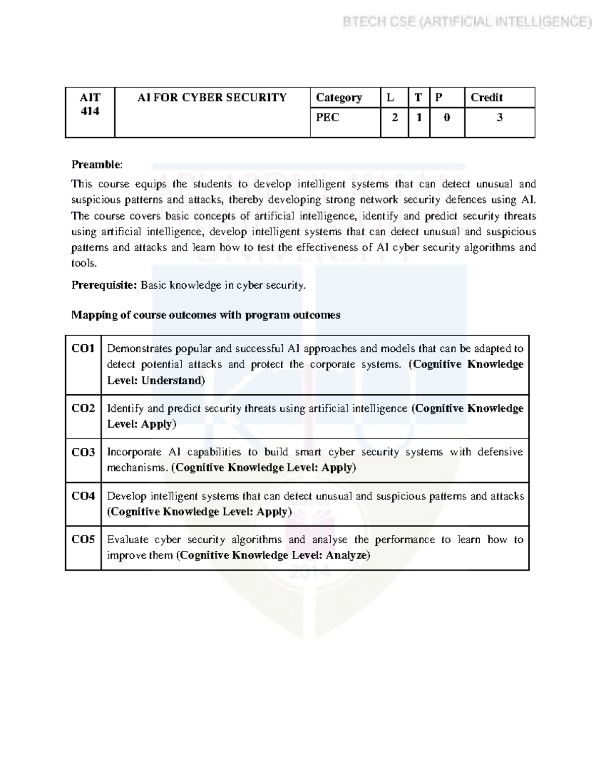AI for Cyber Security: AIT 414 Course Syllabus and Overview - Studocu