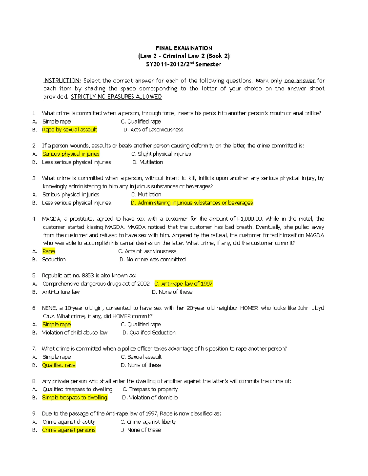 CLAW 2 Q AND A - Q AND A FOR CLE - FINAL EXAMINATION (Law 2 – Criminal ...