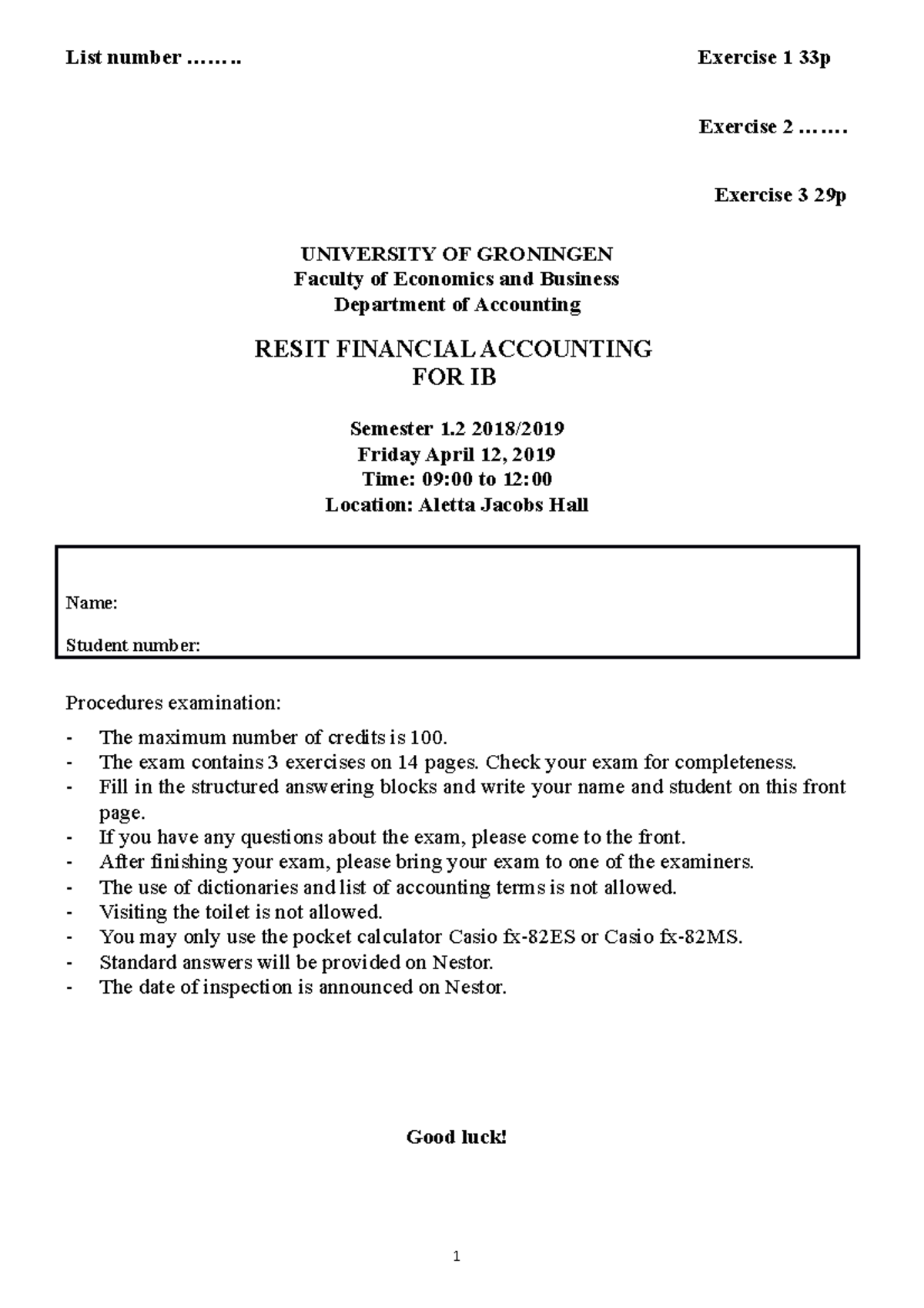 Resit FA IB 2019 - Exam Paper and Exercises Analysis - Studeersnel