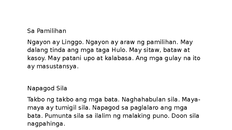Mga Maikling Kwento: Sa Pamilihan at Si Uwak at Asong Gubat - Studocu