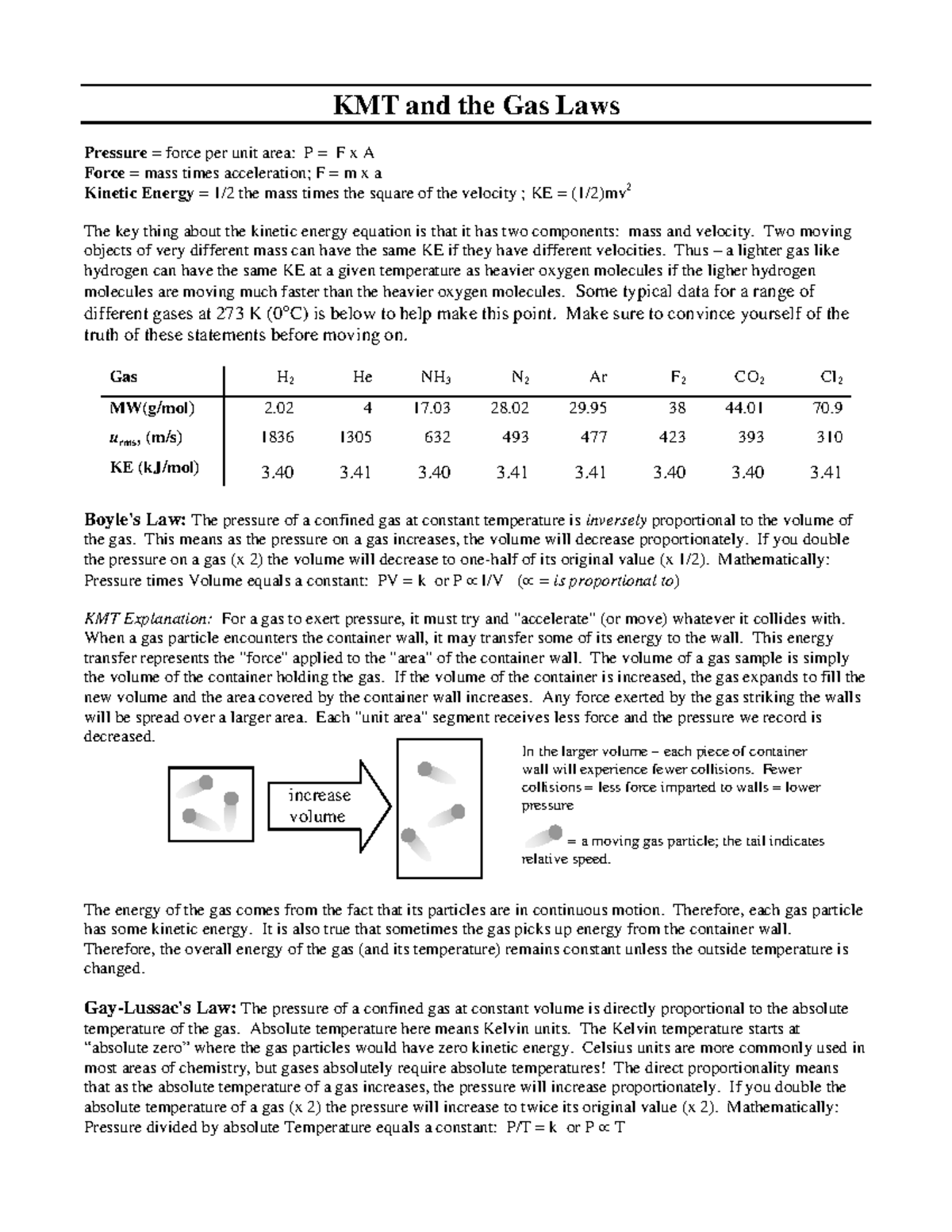 KMT Gas Laws - Lecture notes 4 - KMT and the Gas Laws Pressure force ...