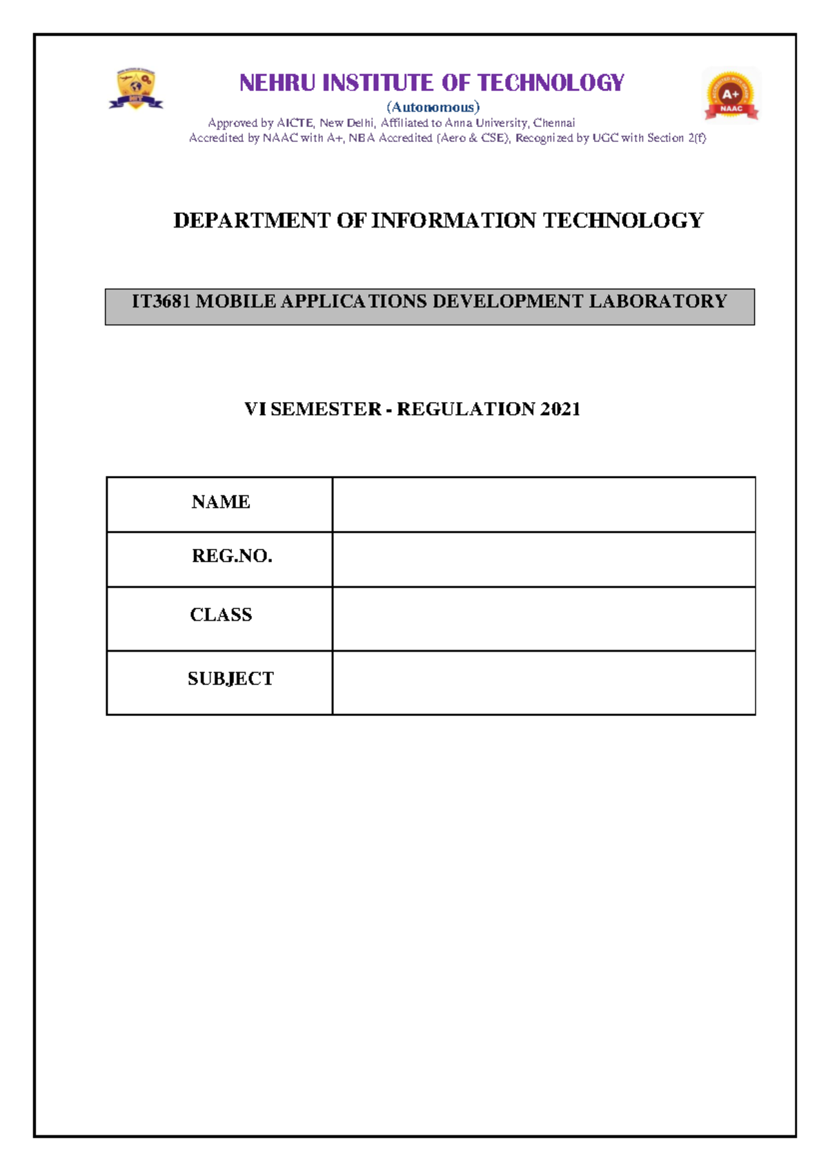 IT3681 Mobile Applications Development Lab Manual - VI Semester - Studocu