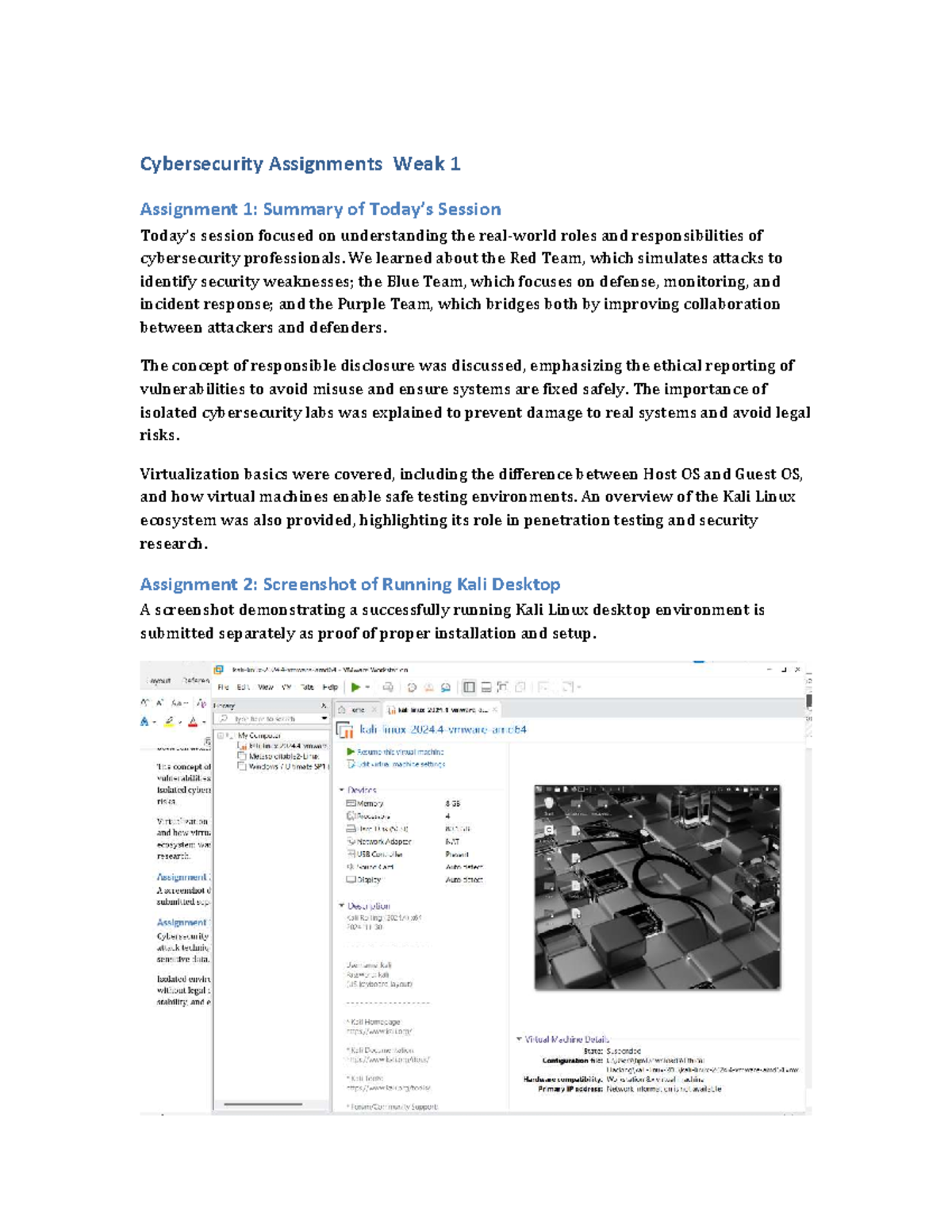 Cybersecurity Assignments Wk 1: Roles, Responsibilities & Kali Linux ...