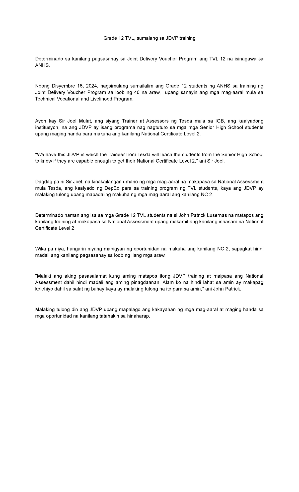 Balita - N/A - Grade 12 TVL, sumalang sa JDVP training Determinado sa ...