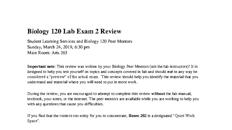 Biology 120 Mock Lab Final Exam Review Guide - Studocu
