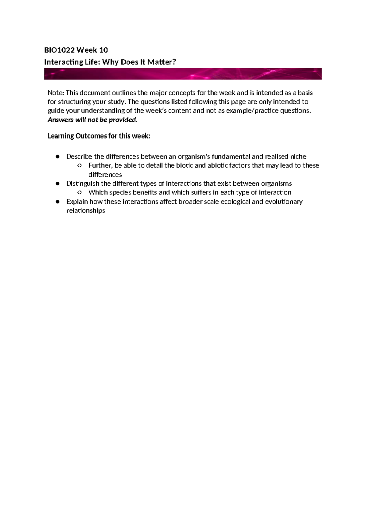 BIO1022 Week 10 Study Guide: Interactions in Ecology - Studocu